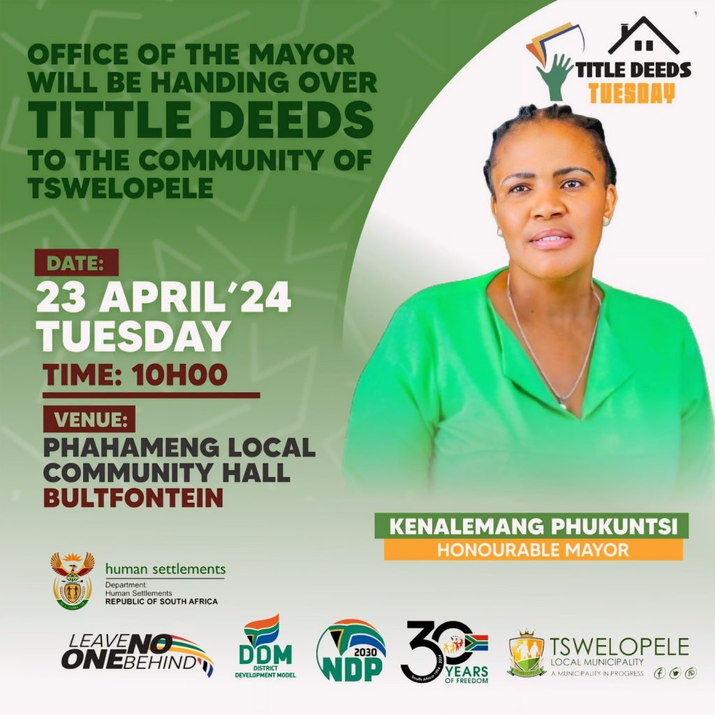 Handing over of tittle deeds by Honourable Mayor Kenalemang Phukuntsi – Tswelopele Local ...